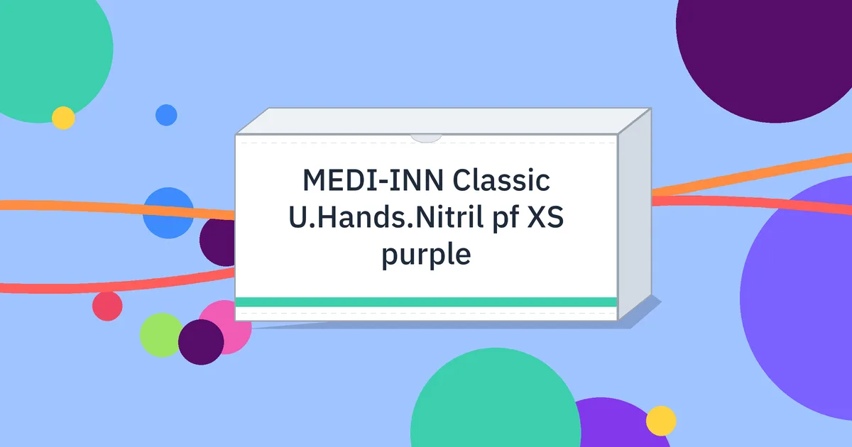 Symbolbild: Packung mit der Aufschrift MEDI-INN Classic U.Hands.Nitril pf XS purple (PZN 18444849) – Verfügbarkeit und Bezug in Apotheken in Frankfurt am Main