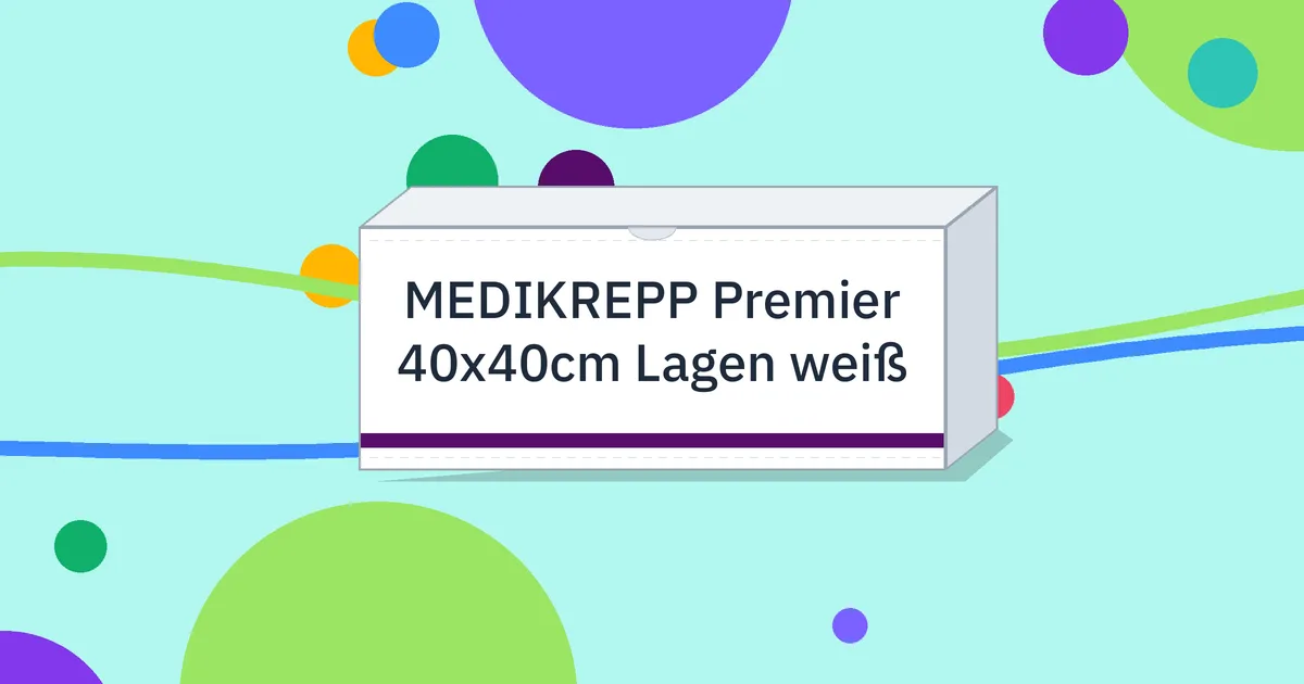 Symbolbild: Packung mit der Aufschrift MEDIKREPP Premier 40x40cm Lagen weiß (PZN 09489468) – Verfügbarkeit und Bezug in Apotheken in Frankfurt am Main