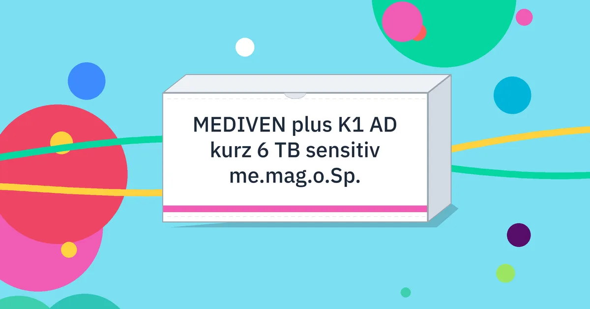 Symbolbild: Packung mit der Aufschrift MEDIVEN plus K1 AD kurz 6 TB sensitiv me.mag.o.Sp. (PZN 15053686) – Verfügbarkeit und Bezug in Apotheken in Frankfurt am Main
