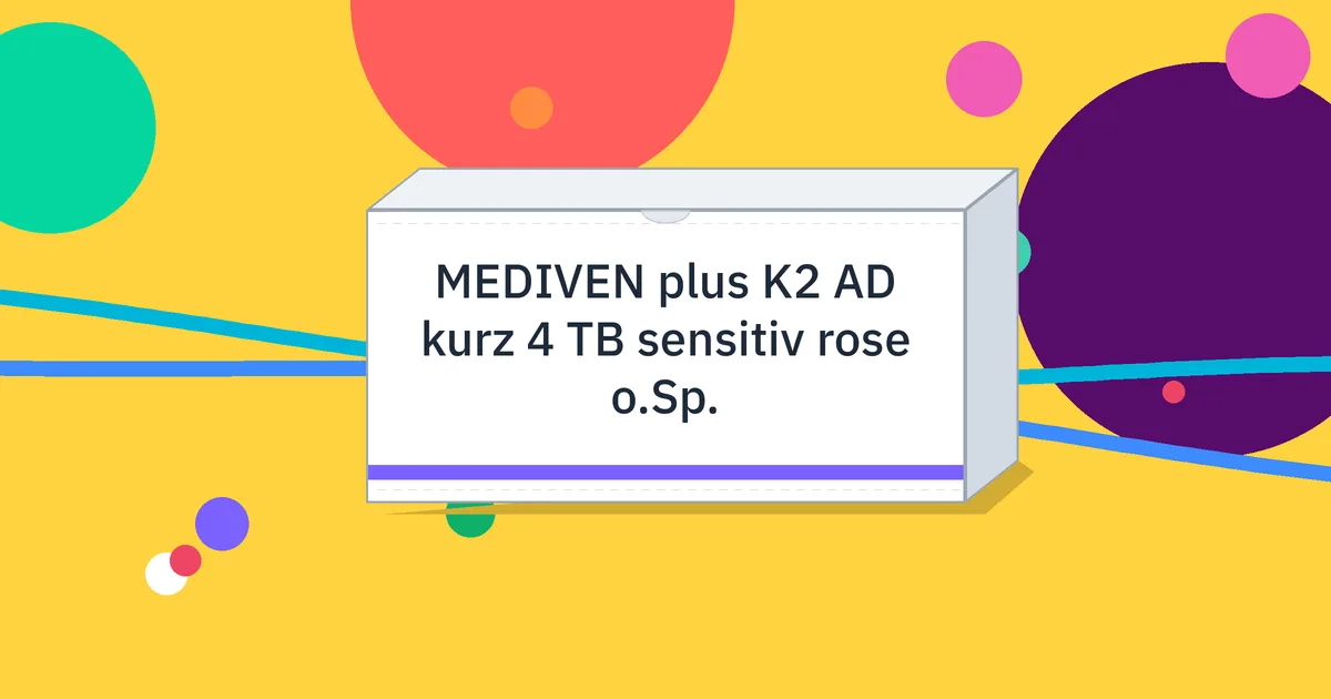 Symbolbild: Packung mit der Aufschrift MEDIVEN plus K2 AD kurz 4 TB sensitiv rose o.Sp. (PZN 15106282) – Verfügbarkeit und Bezug in Apotheken in Frankfurt am Main