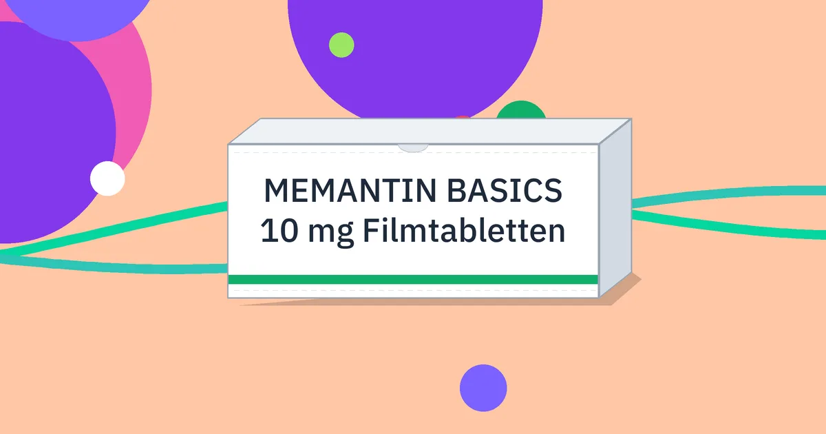 Symbolbild: Packung mit der Aufschrift MEMANTIN BASICS 10 mg Filmtabletten (PZN 10079988) – Verfügbarkeit und Bezug in Apotheken in Frankfurt am Main