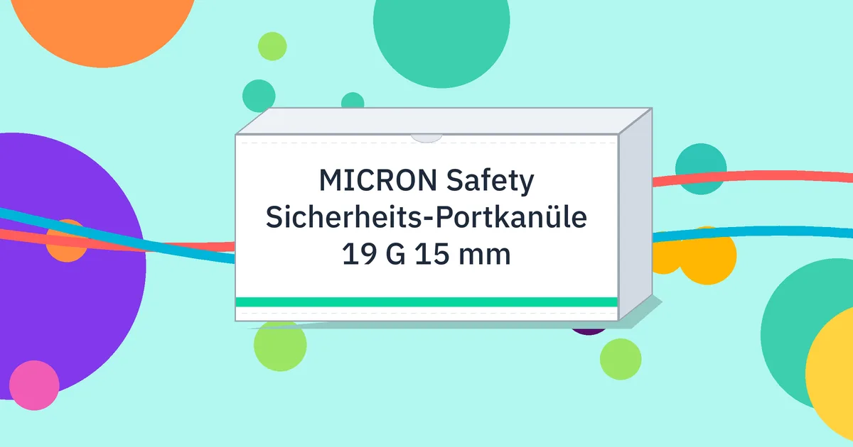 Symbolbild: Packung mit der Aufschrift MICRON Safety Sicherheits-Portkanüle 19 G 15 mm (PZN 19113215) – Verfügbarkeit und Bezug in Apotheken in Frankfurt am Main