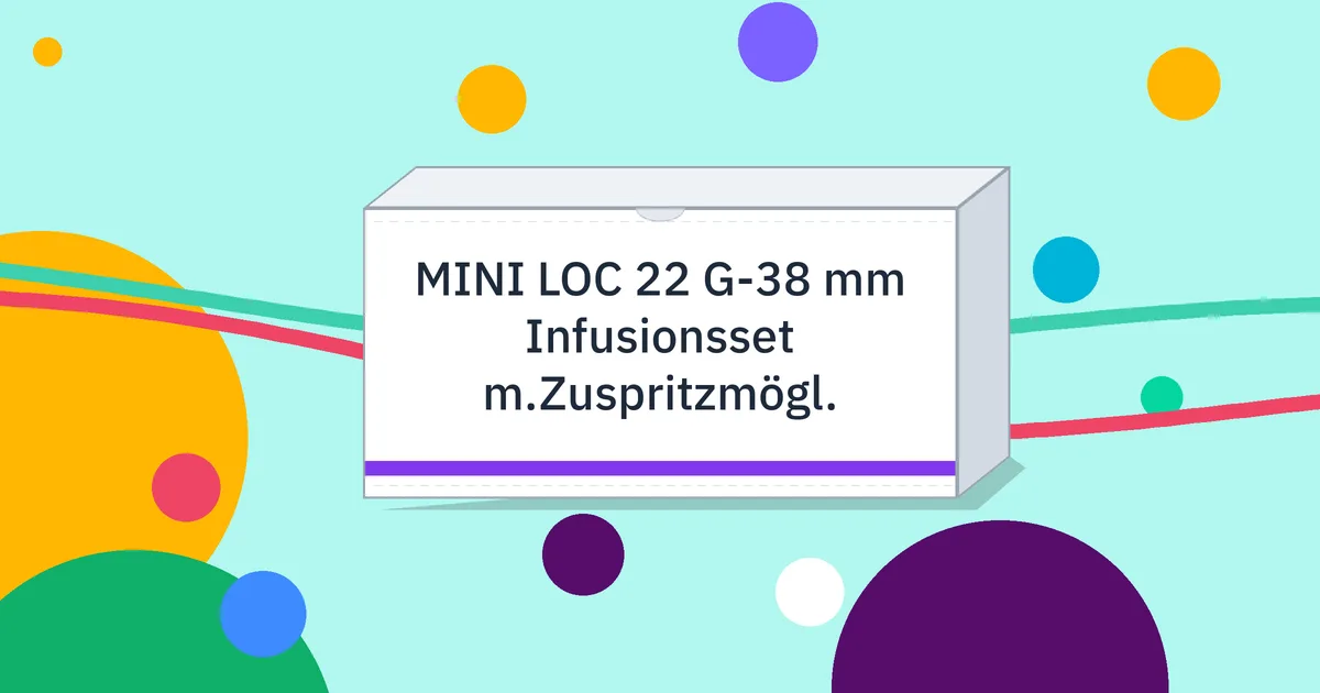 Symbolbild: Packung mit der Aufschrift MINI LOC 22 G-38 mm Infusionsset m.Zuspritzmögl. (PZN 18039362) – Verfügbarkeit und Bezug in Apotheken in Frankfurt am Main