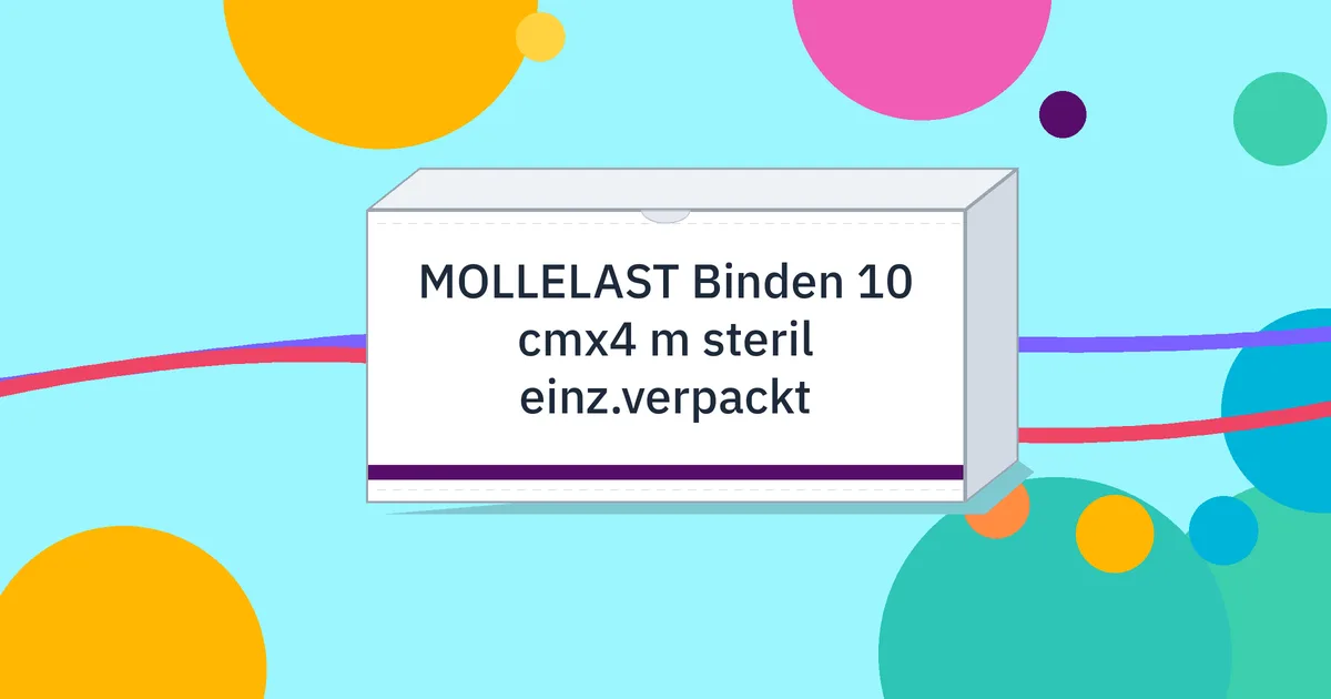 Symbolbild: Packung mit der Aufschrift MOLLELAST Binden 10 cmx4 m steril einz.verpackt (PZN 18170369) – Verfügbarkeit und Bezug in Apotheken in Frankfurt am Main