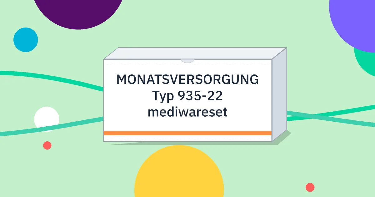 Symbolbild: Packung mit der Aufschrift MONATSVERSORGUNG Typ 935-22 mediwareset (PZN 16749148) – Verfügbarkeit und Bezug in Apotheken in Frankfurt am Main