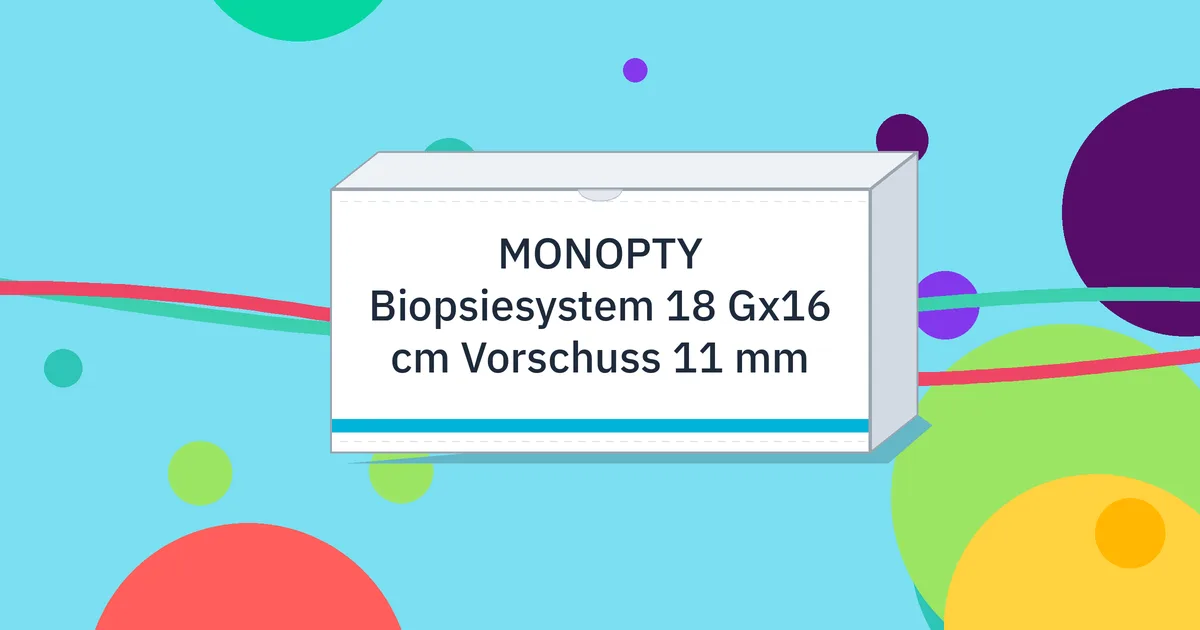 Symbolbild: Packung mit der Aufschrift MONOPTY Biopsiesystem 18 Gx16 cm Vorschuss 11 mm (PZN 03473153) – Verfügbarkeit und Bezug in Apotheken in Frankfurt am Main
