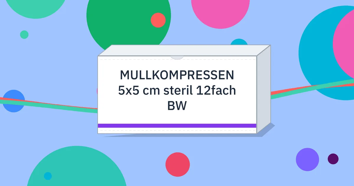 Symbolbild: Packung mit der Aufschrift MULLKOMPRESSEN 5x5 cm steril 12fach BW (PZN 07259132) – Verfügbarkeit und Bezug in Apotheken in Frankfurt am Main