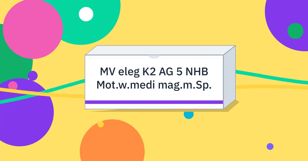 Symbolbild: Packung mit der Aufschrift MV eleg K2 AG 5 NHB Mot.w.medi mag.m.Sp. (PZN 15726808) – Verfügbarkeit und Bezug in Apotheken in Frankfurt am Main