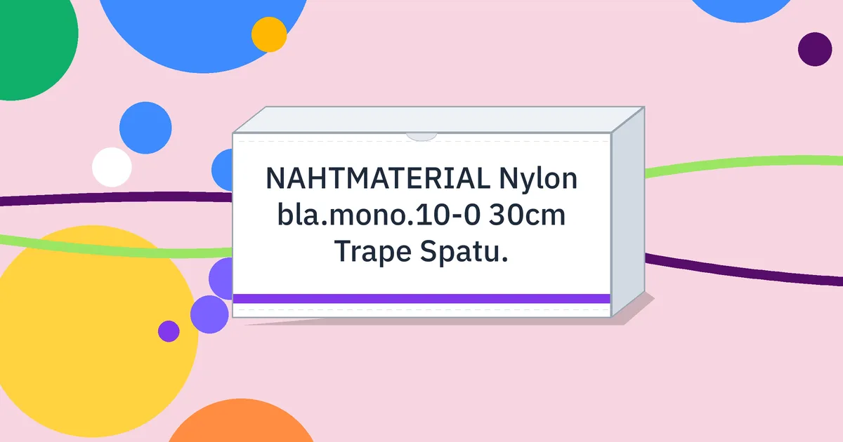 Symbolbild: Packung mit der Aufschrift NAHTMATERIAL Nylon bla.mono.10-0 30cm Trape Spatu. (PZN 20868841) – Verfügbarkeit und Bezug in Apotheken in Frankfurt am Main