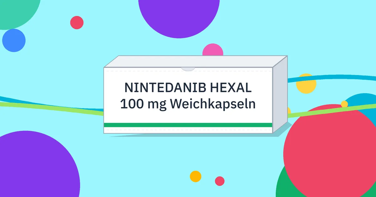 Symbolbild: Packung mit der Aufschrift NINTEDANIB HEXAL 100 mg Weichkapseln (PZN 19719981) – Verfügbarkeit und Bezug in Apotheken in Frankfurt am Main