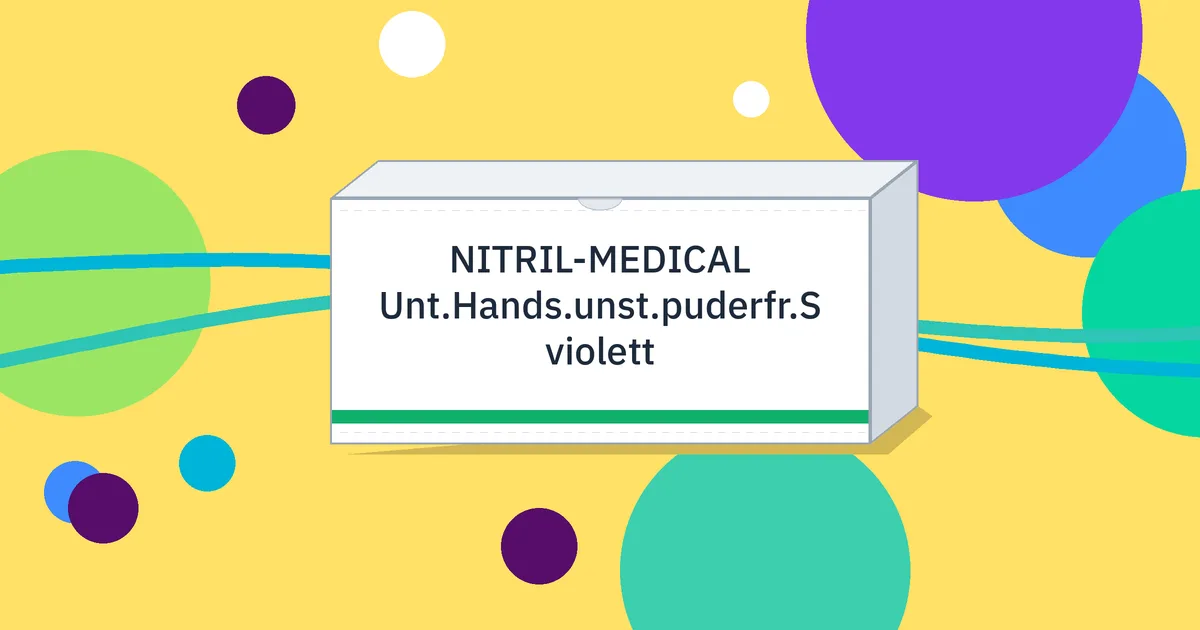 Symbolbild: Packung mit der Aufschrift NITRIL-MEDICAL Unt.Hands.unst.puderfr.S violett (PZN 18408368) – Verfügbarkeit und Bezug in Apotheken in Frankfurt am Main