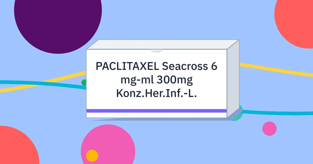 Symbolbild: Packung mit der Aufschrift PACLITAXEL Seacross 6 mg-ml 300mg Konz.Her.Inf.-L. (PZN 18198132) – Verfügbarkeit und Bezug in Apotheken in Frankfurt am Main