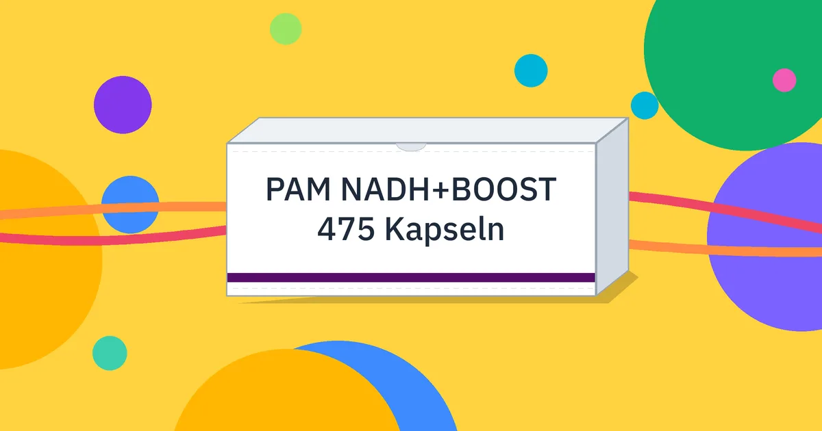 Symbolbild: Packung mit der Aufschrift PAM NADH+BOOST 475 Kapseln (PZN 20299768) – Verfügbarkeit und Bezug in Apotheken in Frankfurt am Main