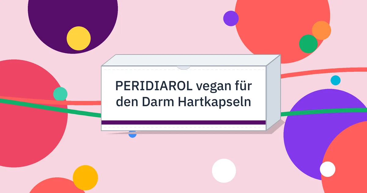 Symbolbild: Packung mit der Aufschrift PERIDIAROL vegan für den Darm Hartkapseln (PZN 20144037) – Verfügbarkeit und Bezug in Apotheken in Frankfurt am Main