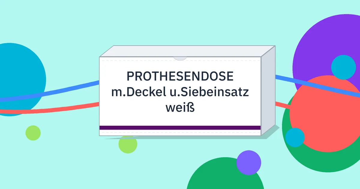 Symbolbild: Packung mit der Aufschrift PROTHESENDOSE m.Deckel u.Siebeinsatz weiß (PZN 10554857) – Verfügbarkeit und Bezug in Apotheken in Frankfurt am Main