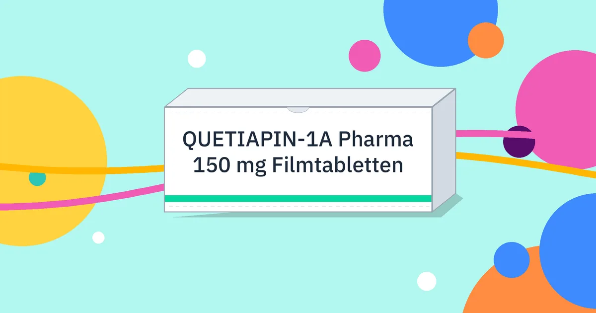 Symbolbild: Packung mit der Aufschrift QUETIAPIN-1A Pharma 150 mg Filmtabletten (PZN 09494819) – Verfügbarkeit und Bezug in Apotheken in Frankfurt am Main