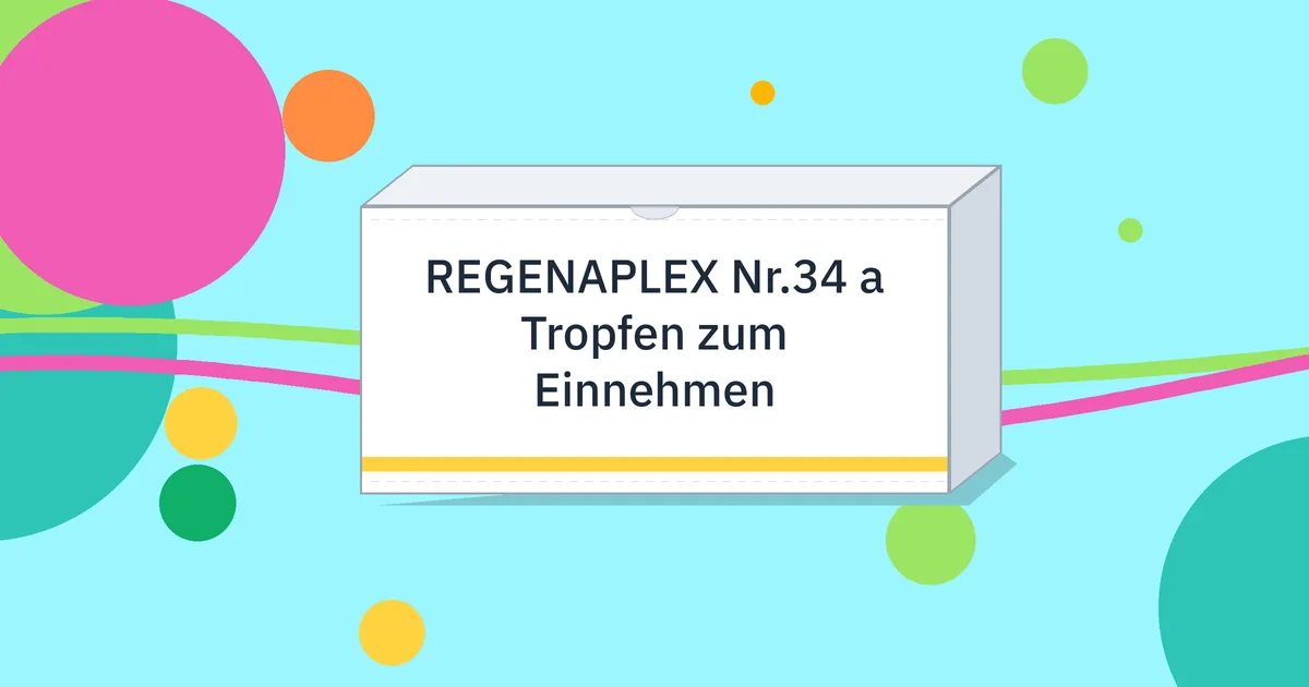 Symbolbild: Packung mit der Aufschrift REGENAPLEX Nr.34 a Tropfen zum Einnehmen (PZN 02642435) – Verfügbarkeit und Bezug in Apotheken in Frankfurt am Main