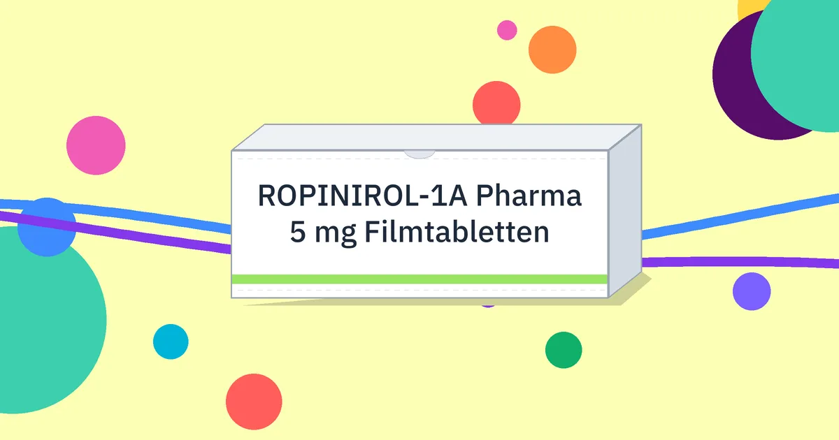Symbolbild: Packung mit der Aufschrift ROPINIROL-1A Pharma 5 mg Filmtabletten (PZN 09062511) – Verfügbarkeit und Bezug in Apotheken in Frankfurt am Main