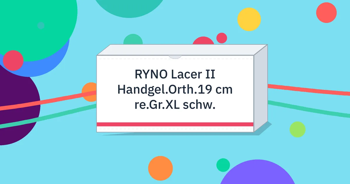 Symbolbild: Packung mit der Aufschrift RYNO Lacer II Handgel.Orth.19 cm re.Gr.XL schw. (PZN 14048536) – Verfügbarkeit und Bezug in Apotheken in Frankfurt am Main