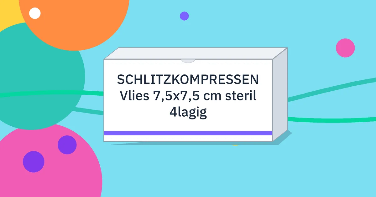 Symbolbild: Packung mit der Aufschrift SCHLITZKOMPRESSEN Vlies 7,5x7,5 cm steril 4lagig (PZN 17549670) – Verfügbarkeit und Bezug in Apotheken in Frankfurt am Main