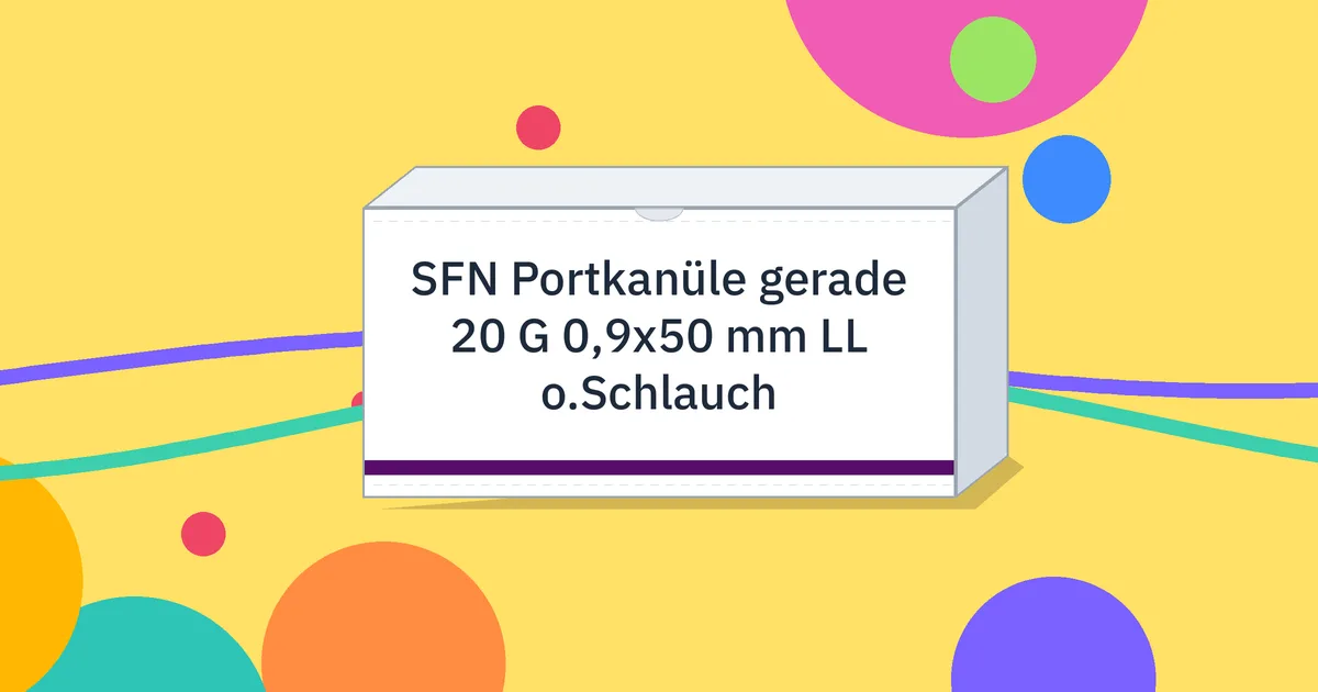 Symbolbild: Packung mit der Aufschrift SFN Portkanüle gerade 20 G 0,9x50 mm LL o.Schlauch (PZN 03425332) – Verfügbarkeit und Bezug in Apotheken in Frankfurt am Main