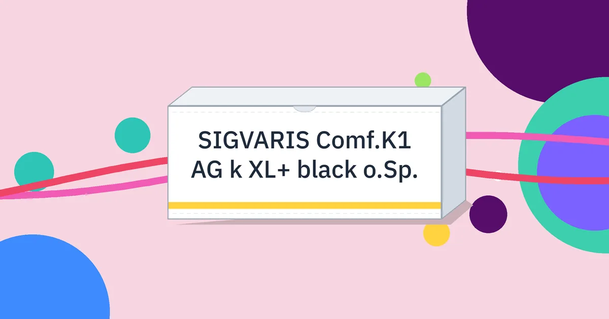 Symbolbild: Packung mit der Aufschrift SIGVARIS Comf.K1 AG k XL+ black o.Sp. (PZN 17094850) – Verfügbarkeit und Bezug in Apotheken in Frankfurt am Main