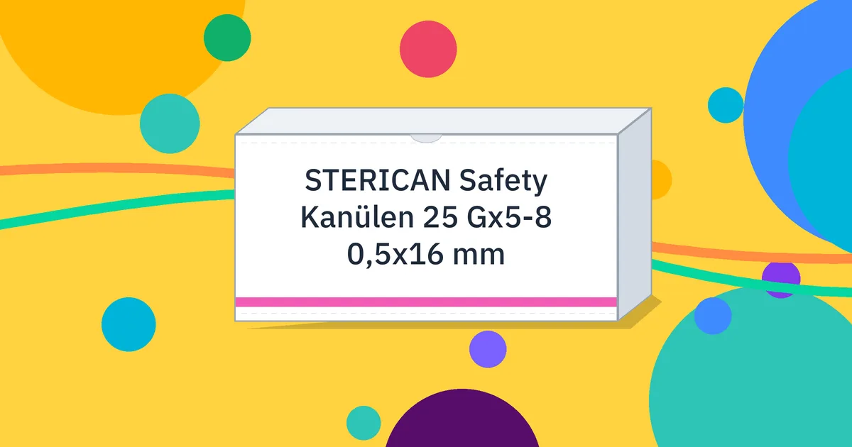 Symbolbild: Packung mit der Aufschrift STERICAN Safety Kanülen 25 Gx5-8 0,5x16 mm (PZN 18472521) – Verfügbarkeit und Bezug in Apotheken in Frankfurt am Main