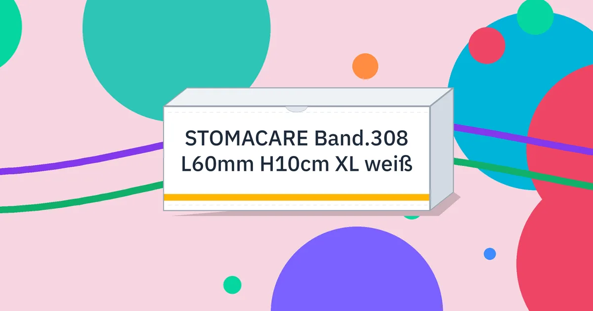 Symbolbild: Packung mit der Aufschrift STOMACARE Band.308 L60mm H10cm XL weiß (PZN 03415500) – Verfügbarkeit und Bezug in Apotheken in Frankfurt am Main