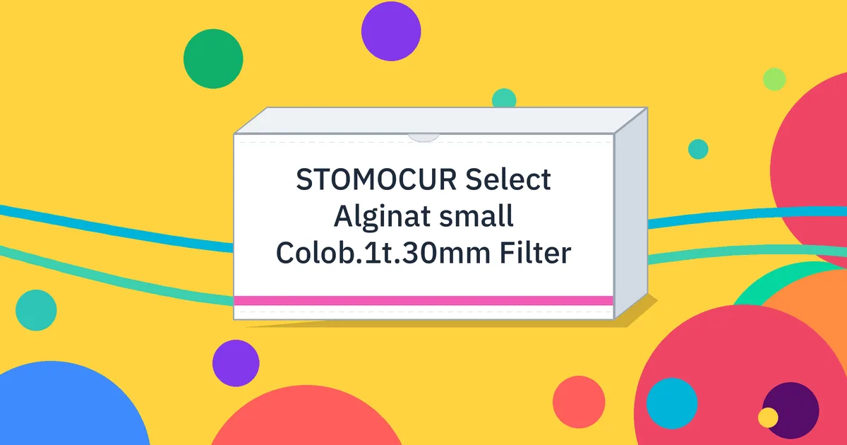 Symbolbild: Packung mit der Aufschrift STOMOCUR Select Alginat small Colob.1t.30mm Filter (PZN 14061620) – Verfügbarkeit und Bezug in Apotheken in Frankfurt am Main