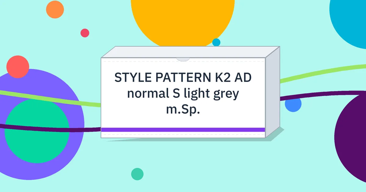 Symbolbild: Packung mit der Aufschrift STYLE PATTERN K2 AD normal S light grey m.Sp. (PZN 19694927) – Verfügbarkeit und Bezug in Apotheken in Frankfurt am Main