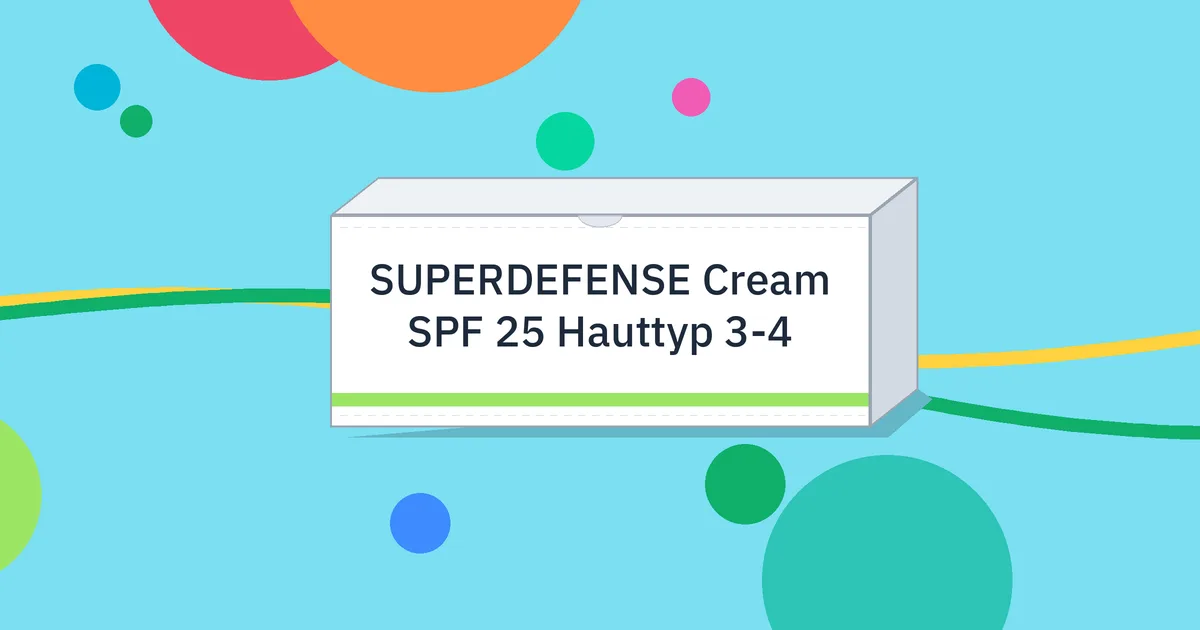 Symbolbild: Packung mit der Aufschrift SUPERDEFENSE Cream SPF 25 Hauttyp 3-4 (PZN 18894179) – Verfügbarkeit und Bezug in Apotheken in Frankfurt am Main