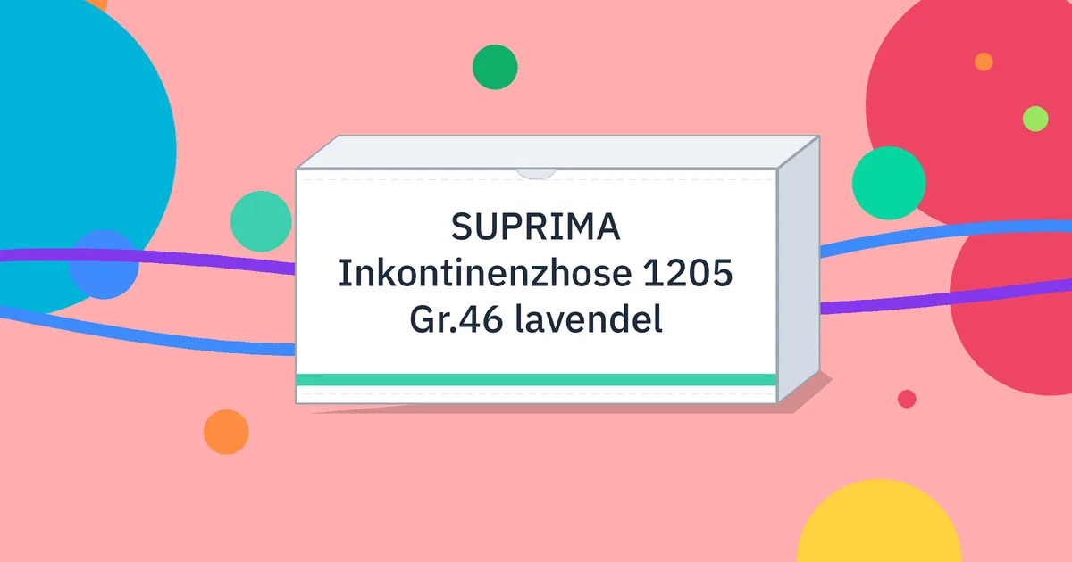Symbolbild: Packung mit der Aufschrift SUPRIMA Inkontinenzhose 1205 Gr.46 lavendel (PZN 01634267) – Verfügbarkeit und Bezug in Apotheken in Frankfurt am Main