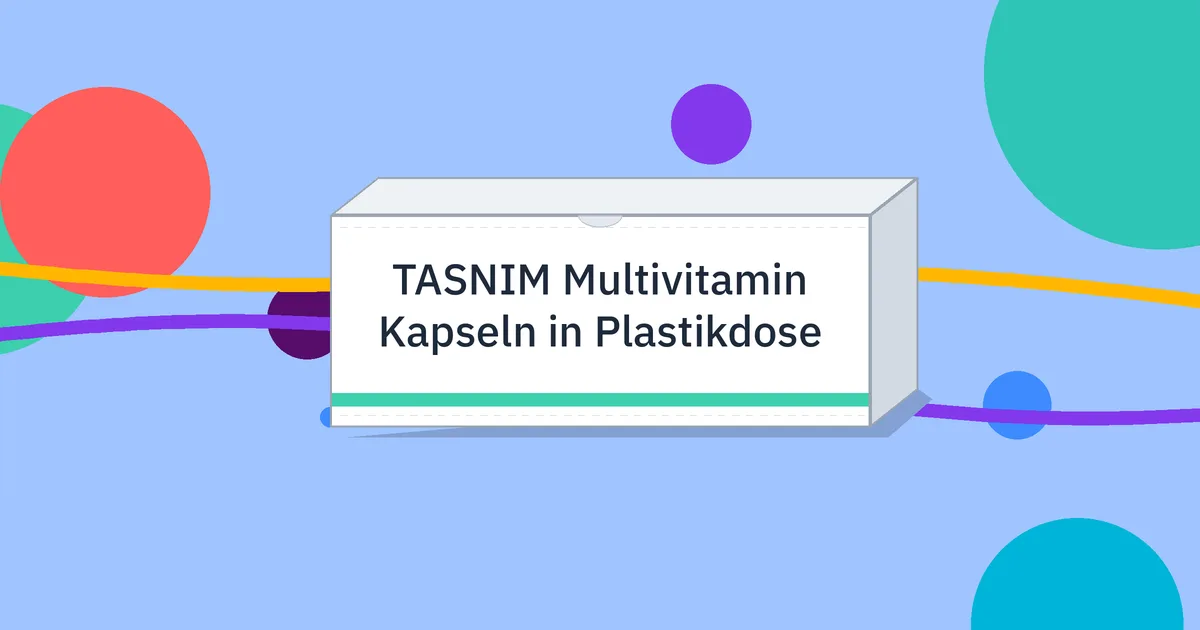 Symbolbild: Packung mit der Aufschrift TASNIM Multivitamin Kapseln in Plastikdose (PZN 17365912) – Verfügbarkeit und Bezug in Apotheken in Frankfurt am Main