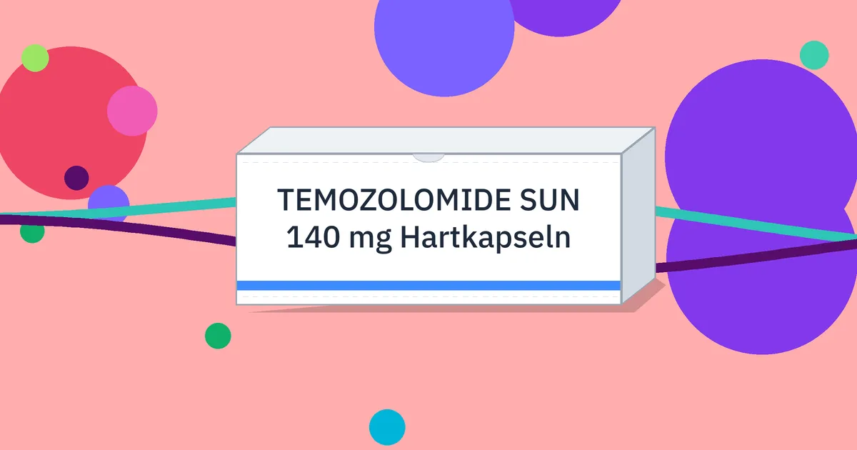 Symbolbild: Packung mit der Aufschrift TEMOZOLOMIDE SUN 140 mg Hartkapseln (PZN 09282000) – Verfügbarkeit und Bezug in Apotheken in Frankfurt am Main