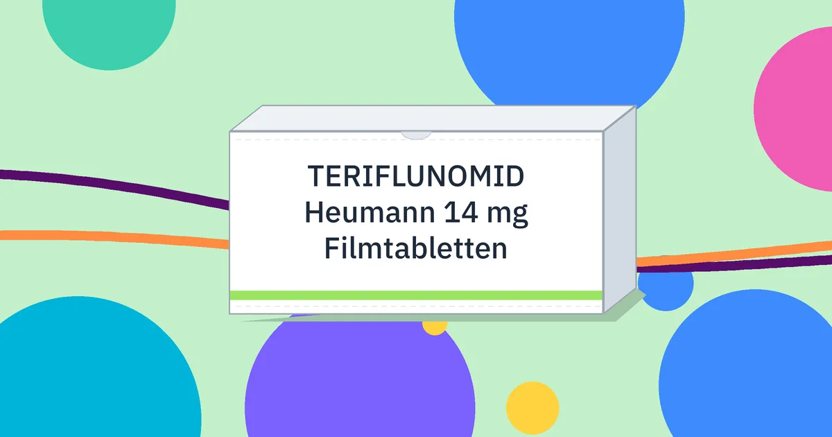 Symbolbild: Packung mit der Aufschrift TERIFLUNOMID Heumann 14 mg Filmtabletten (PZN 18914723) – Verfügbarkeit und Bezug in Apotheken in Frankfurt am Main