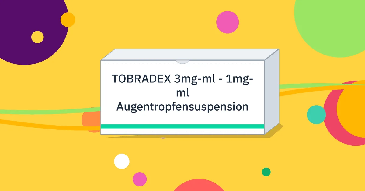 Symbolbild: Packung mit der Aufschrift TOBRADEX 3mg-ml - 1mg-ml Augentropfensuspension (PZN 06772873) – Verfügbarkeit und Bezug in Apotheken in Frankfurt am Main