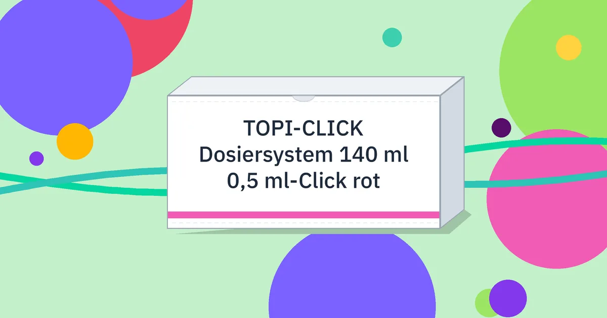 Symbolbild: Packung mit der Aufschrift TOPI-CLICK Dosiersystem 140 ml 0,5 ml-Click rot (PZN 16226953) – Verfügbarkeit und Bezug in Apotheken in Frankfurt am Main