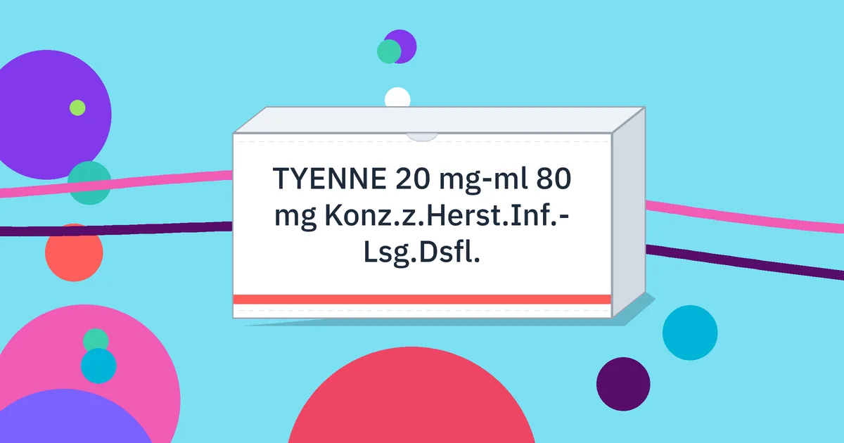 Symbolbild: Packung mit der Aufschrift TYENNE 20 mg-ml 80 mg Konz.z.Herst.Inf.-Lsg.Dsfl. (PZN 19918290) – Verfügbarkeit und Bezug in Apotheken in Frankfurt am Main
