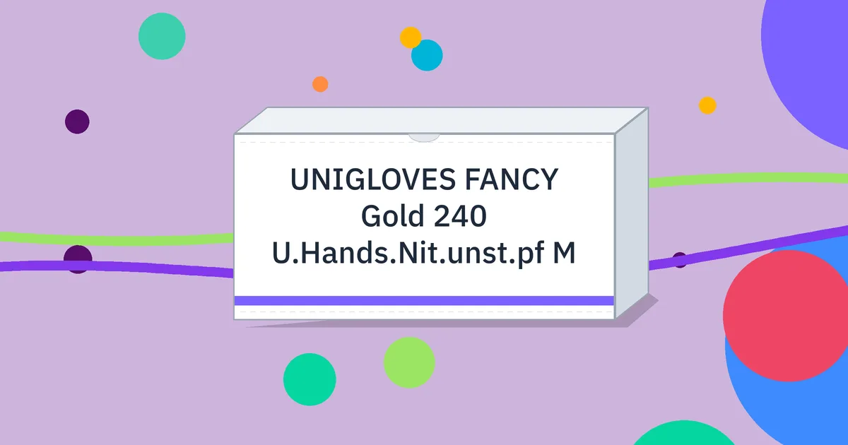 Symbolbild: Packung mit der Aufschrift UNIGLOVES FANCY Gold 240 U.Hands.Nit.unst.pf M (PZN 18725809) – Verfügbarkeit und Bezug in Apotheken in Frankfurt am Main