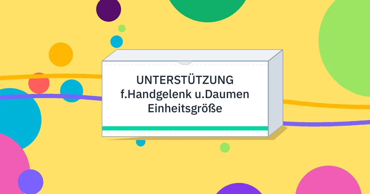 Symbolbild: Packung mit der Aufschrift UNTERSTÜTZUNG f.Handgelenk u.Daumen Einheitsgröße (PZN 19069862) – Verfügbarkeit und Bezug in Apotheken in Frankfurt am Main