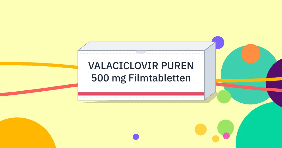 Symbolbild: Packung mit der Aufschrift VALACICLOVIR PUREN 500 mg Filmtabletten (PZN 14335046) – Verfügbarkeit und Bezug in Apotheken in Frankfurt am Main