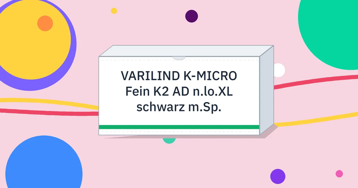 Symbolbild: Packung mit der Aufschrift VARILIND K-MICRO Fein K2 AD n.lo.XL schwarz m.Sp. (PZN 20558997) – Verfügbarkeit und Bezug in Apotheken in Frankfurt am Main