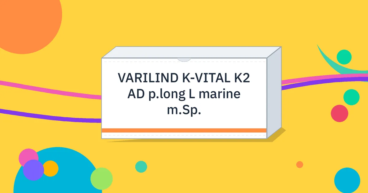 Symbolbild: Packung mit der Aufschrift VARILIND K-VITAL K2 AD p.long L marine m.Sp. (PZN 20567890) – Verfügbarkeit und Bezug in Apotheken in Frankfurt am Main