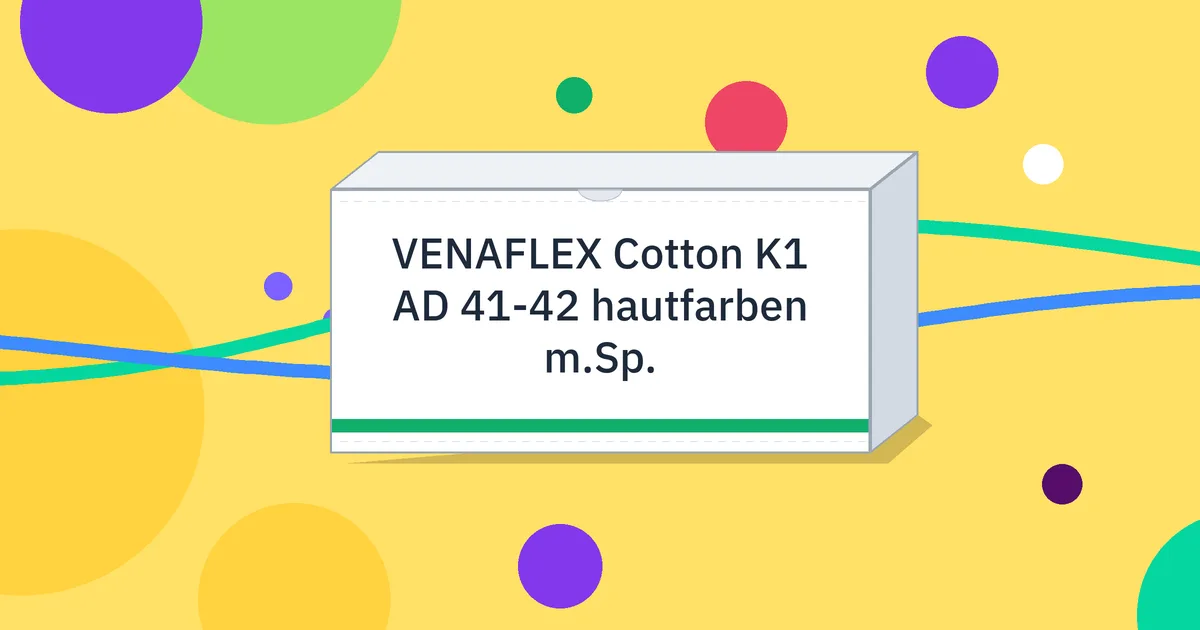 Symbolbild: Packung mit der Aufschrift VENAFLEX Cotton K1 AD 41-42 hautfarben m.Sp. (PZN 18308951) – Verfügbarkeit und Bezug in Apotheken in Frankfurt am Main