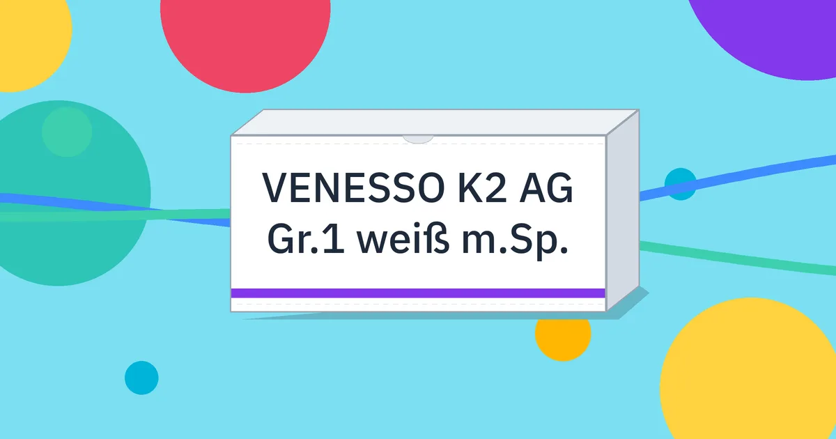 Symbolbild: Packung mit der Aufschrift VENESSO K2 AG Gr.1 weiß m.Sp. (PZN 03278256) – Verfügbarkeit und Bezug in Apotheken in Frankfurt am Main