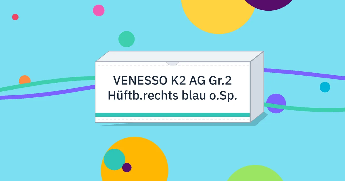 Symbolbild: Packung mit der Aufschrift VENESSO K2 AG Gr.2 Hüftb.rechts blau o.Sp. (PZN 03271691) – Verfügbarkeit und Bezug in Apotheken in Frankfurt am Main
