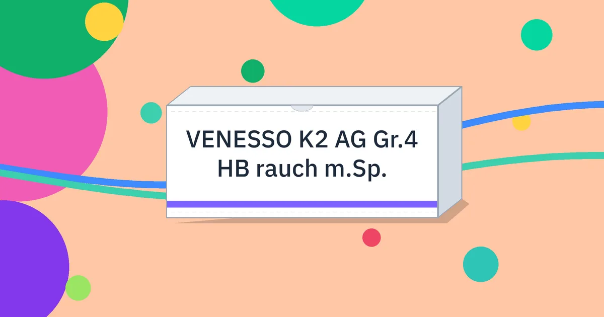 Symbolbild: Packung mit der Aufschrift VENESSO K2 AG Gr.4 HB rauch m.Sp. (PZN 03262574) – Verfügbarkeit und Bezug in Apotheken in Frankfurt am Main