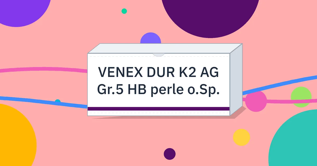 Symbolbild: Packung mit der Aufschrift VENEX DUR K2 AG Gr.5 HB perle o.Sp. (PZN 03220400) – Verfügbarkeit und Bezug in Apotheken in Frankfurt am Main