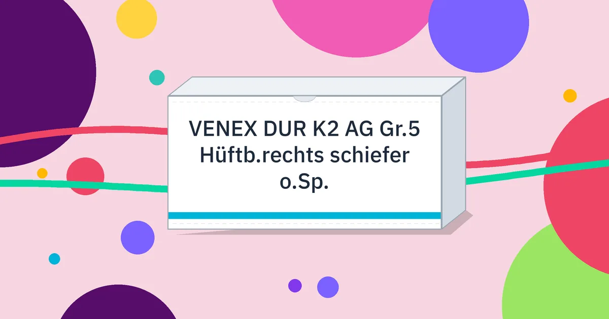 Symbolbild: Packung mit der Aufschrift VENEX DUR K2 AG Gr.5 Hüftb.rechts schiefer o.Sp. (PZN 03233064) – Verfügbarkeit und Bezug in Apotheken in Frankfurt am Main