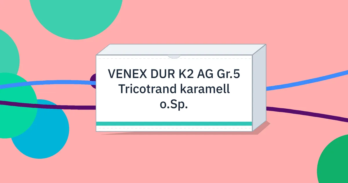 Symbolbild: Packung mit der Aufschrift VENEX DUR K2 AG Gr.5 Tricotrand karamell o.Sp. (PZN 13762912) – Verfügbarkeit und Bezug in Apotheken in Frankfurt am Main